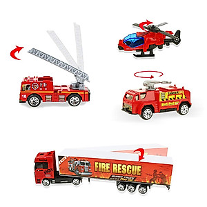 Coolplay Fire Truck Toy Set for Kids, Toy Vehicles Carrier Truck with Die-cast Cars, ​Rescue Firetruck for Boys 3-6 Years Old
