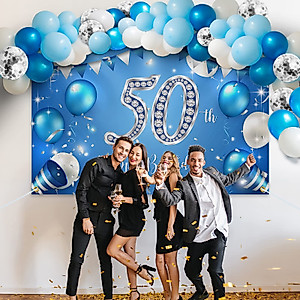 Happy 50th Birthday Balloons Blue Set Decor - Cheers to 50 Years Old Party Theme Garland Banner Backdrop Tablecloth Decorations For Women and Men