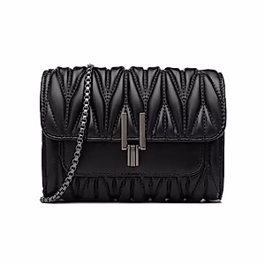 Flap Top Crossbody Bags for Women Quilted Leather Purse Fashion Casual Chain Shoulder Bag Handbag Underarm Bag (Black)