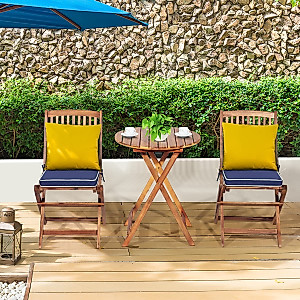 FANTASK 3 Pieces Folding Acacia Wood Bistro Set, Patio Furniture Set with Cushions & 1 Round Table, Indoor Outdoor Bistro Table and Chairs Set of 2 for Patio, Garden, Poolside, Porch, Lawn (Navy)