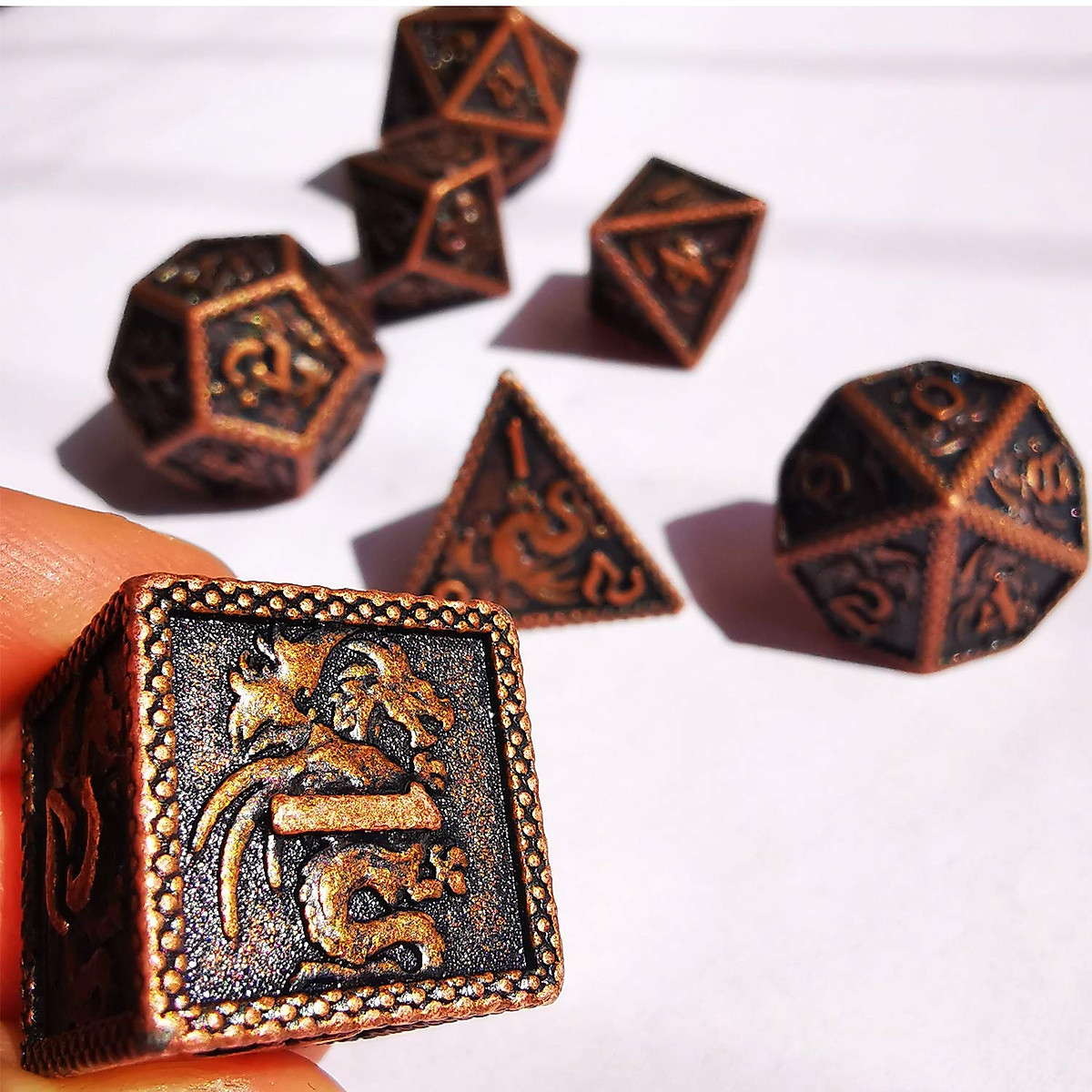 MJDICEOK Dragon Metal DND Dice Set 7 Role Playing Dice Solid D&D Dice Red Copper