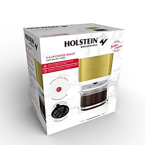 Holstein Housewares 5-Cup Coffee Maker - Pause N Serve, One-Touch Operation, Non-Stick Warming Plate, Water Level Indicator - Reusable Filter - Compact Design - White and Gold Color