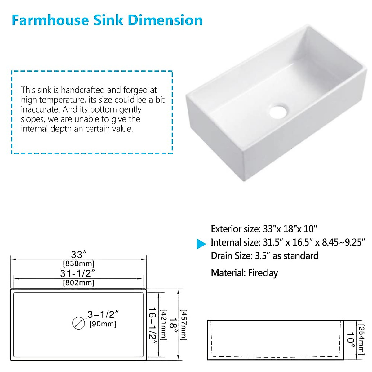 BoomHoze White Farmhouse Sink 33 inch Farmhouse Kitchen Sink Single Bowl Fireclay Apron Farm Sink Large Porcelain White Kitchen Sink Deep Farmers Sink