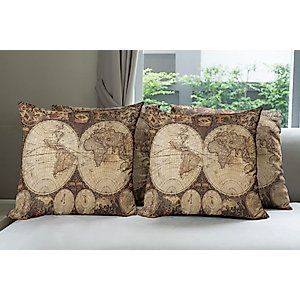 Ambesonne World Map Throw Pillow Cushion Case Pack of 4, Old World Map Drawn in 1720s Nostalgic Style Art Historical Atlas Vintage Design, Modern Accent Double-Sided Digital Printing, 18", Pale Brown