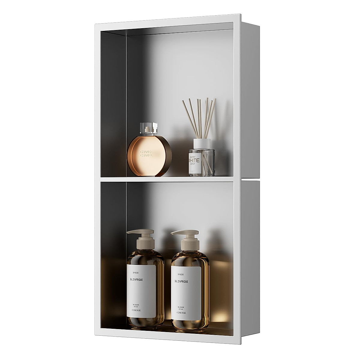 QAOYEDE Shower Niche Insert No Tile Needed, 24"x12" Stainless Steel Niche for Shower Wall, Recessed Shower Shelf for Bathroom Storage 2 Layer,Brushed Nickel