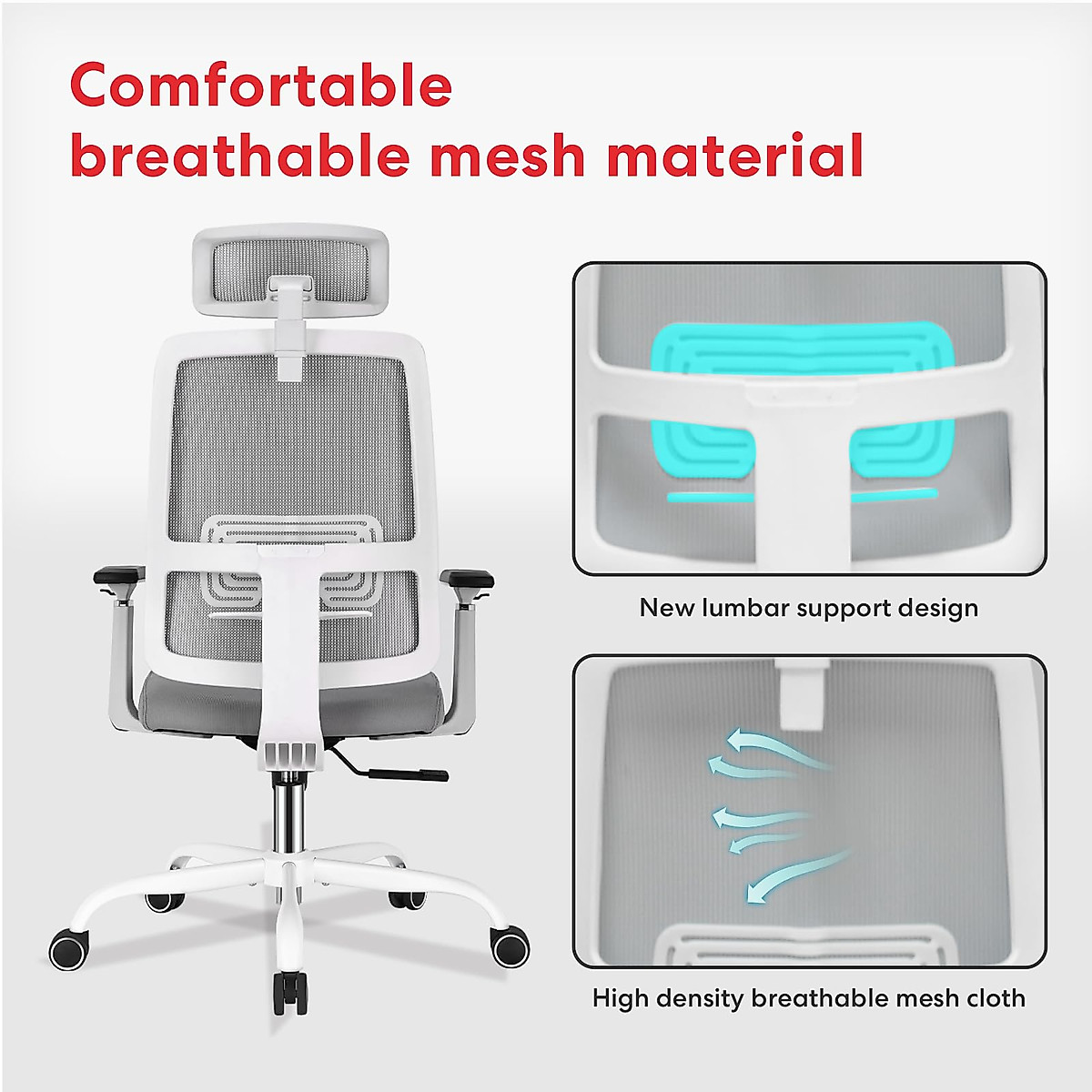Schwake Ergonomic Office Chair - High Back Desk Chair with Adjustable Lumbar Support, Headrest & 3D Armrest - 135°Rocking Mesh Computer Chair (White & Grey)