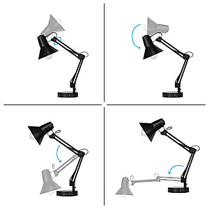 FIRVRE Metal Desk Lamp Black Adjustable Flexible Goose Neck Swing Arm Table Lamp with USB Charging Port Portable Eye-Caring Reading Lamp for Home Office Work Study Reading E26 Base Multi-Joint