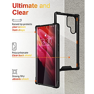 CaseBorne R Compatible with Samsung Galaxy S22 Ultra 5G Case - Shockproof Protective Clear, Military Grade 12ft Drop Tested, Durable Aluminum Frame, Anti-Yellowing Technology - Black