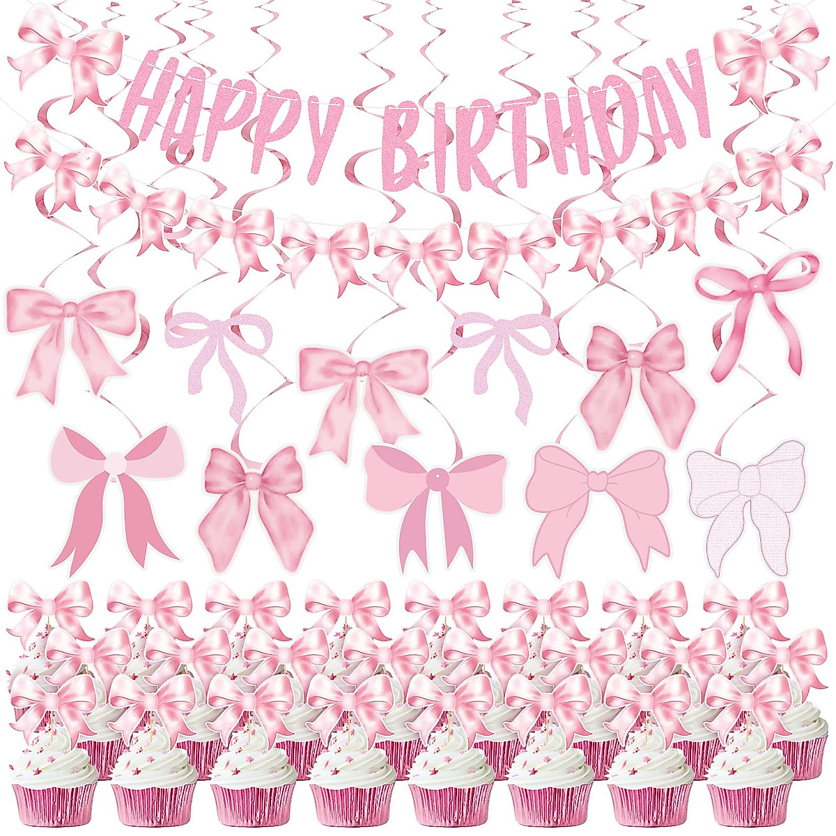 Colingmill 41 Pcs Coquette Bow Birthday Decorations Includes 2 Pcs Pink Bow Birthday Banner Garland 15 Pcs Pink Bow Party Hanging Swirls 24 Pcs Bow Cupcake Toppers for Wedding Baby Shower Party Decor