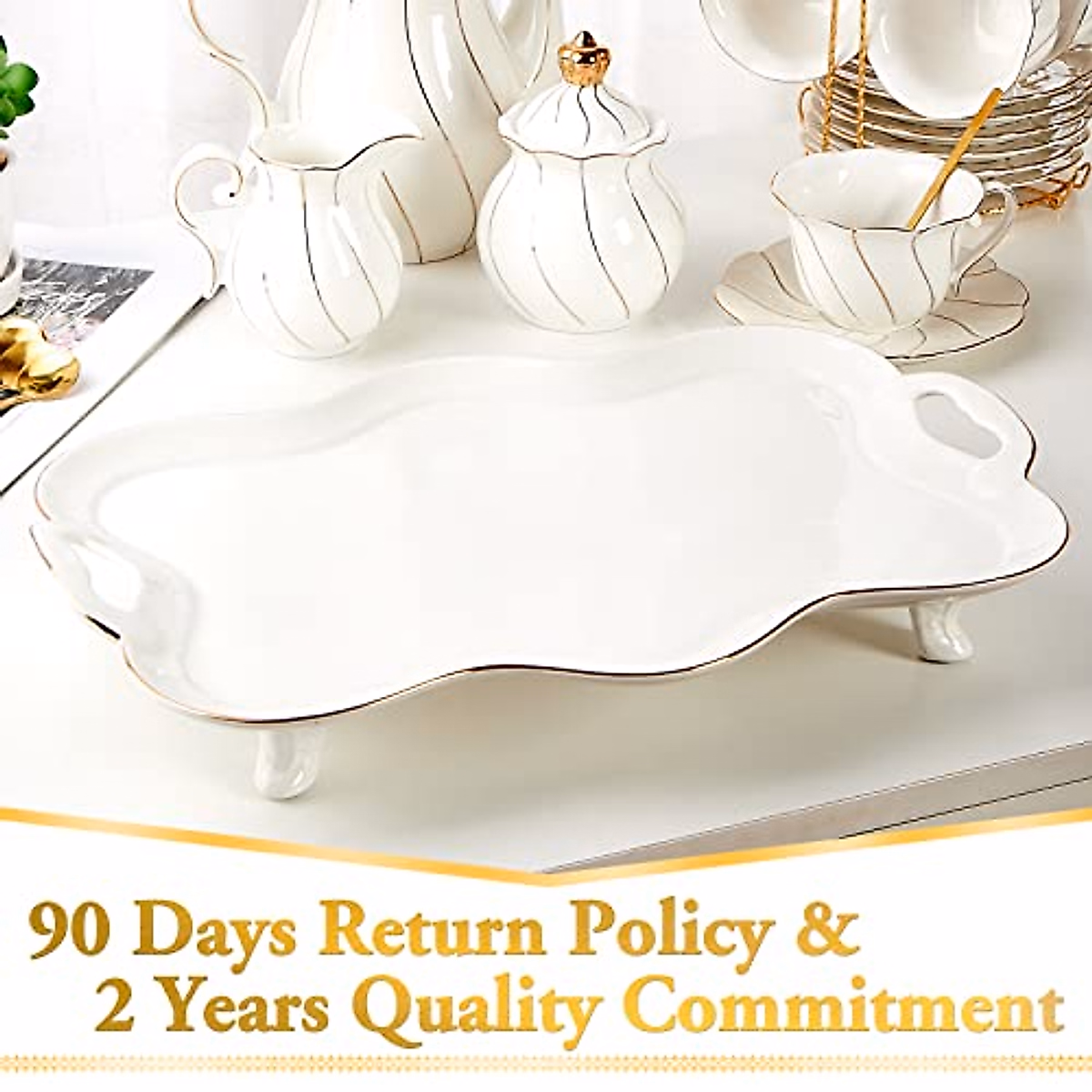 DUJUST Porcelain Serving Tray with Handles, Luxury British Style Coffee Table Tray with Golden Rim, Beautiful Tea Tray Decor for Living Room, Easy to Use & Clean