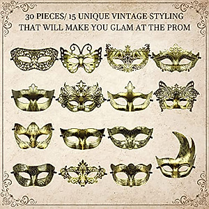 Yunsailing 30 Pieces Masquerade Mask Vintage Antique Masks with Straps for Women Men Halloween Carnival Wedding Party Favors (Gold)