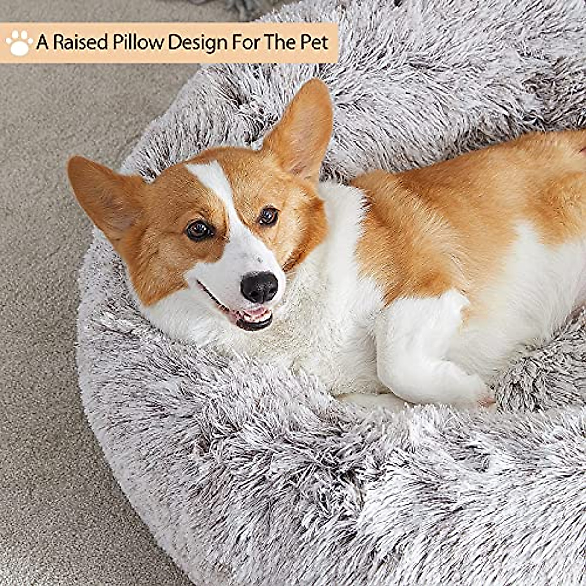 WNPETHOME Calming Dog Bed & Cat Bed,Small Dog Bed Donut Design Faux Fur Anti-Anxiety Dog Bed,Fluffy Pet Cushion Dog Bed for Small Dogs and Cats (20 x 20 inch, Light Coffee)