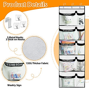 Weekly Kids Clothes Organizer Day of Week School, Over the Door Clothing Storage Organizer from Monday to Friday, Hanging Closet Organizer wtih 3 Metal hooks and 3 adhesive hooks for Nursery, Bedroom
