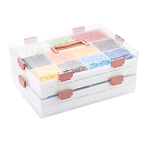 BTSKY 2 Layer Clear Dividing Storage Box with 1 Lid 4 Tier Plastic Accessories Organizer Box with Fixed 36+11 Grids Tray Portable Craft Supplies Sorting Storage Box for Beads, Button, Hardware, Pink