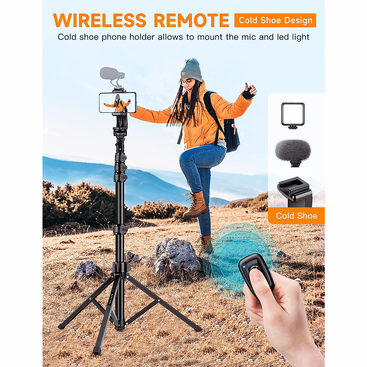 Phone Tripod, 86" Tall Tripod for iPhone with Flexible Gooseneck & Remote, Portable Aluminum Cellphone Stand for Selfies, Video Recording,Travel, Compatible with iPhone Android