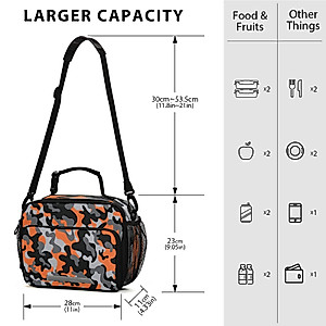 Qilmy Black Orange Camo Lunch Bag Insulated Waterproof Reusable Lunch Tote Bag with Detachable Shoulder Strap, Zipper Lunch Box for School Office Travel Picnic