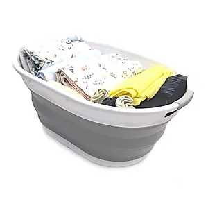 SAMMART 28L (7.4 gallon) Collapsible Plastic Laundry Basket-Oval Tub/Basket - Portable Washing Tub-Space Saving Laundry Hamper, Water capacity: 22L (5.8 gallon) (1, Grey)