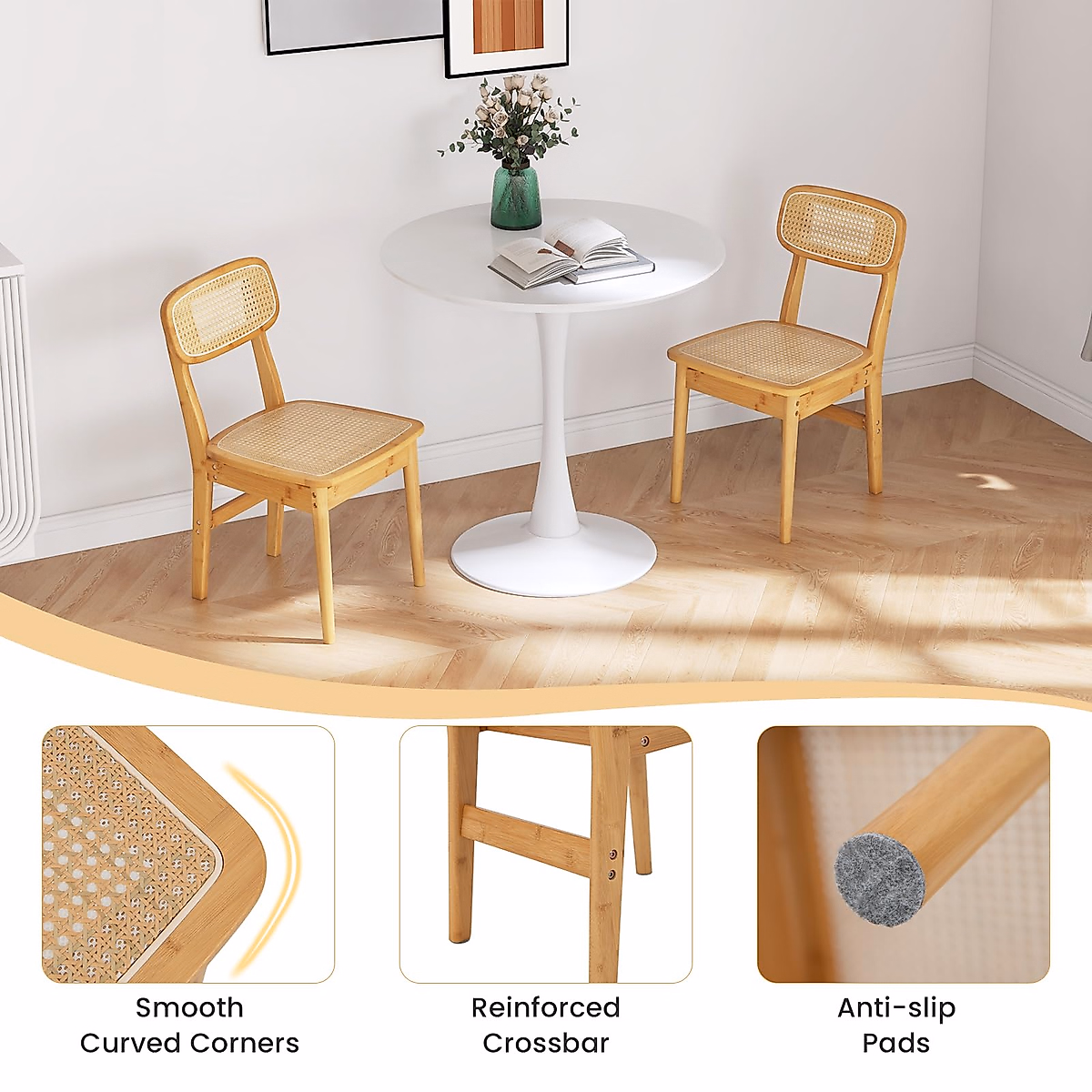 Giantex Rattan Dining Chairs Set of 2, Boho Cane Kitchen Chairs, Max Load 300 Lbs, Bamboo Armless Dining Room Chairs