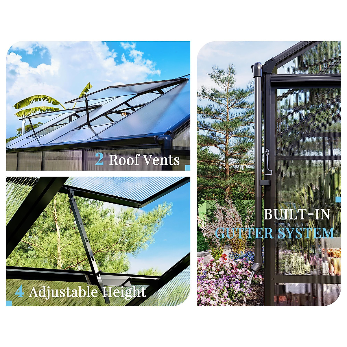 Jocisland 7.5x9.4x7.4 FT Outdoor Aluminum Polycarbonate Greenhouse with Ventilation and Rain Gutter, 2 Swing Doors with Hook, Walk in Greenhouse for Outdoors Backyard Garden