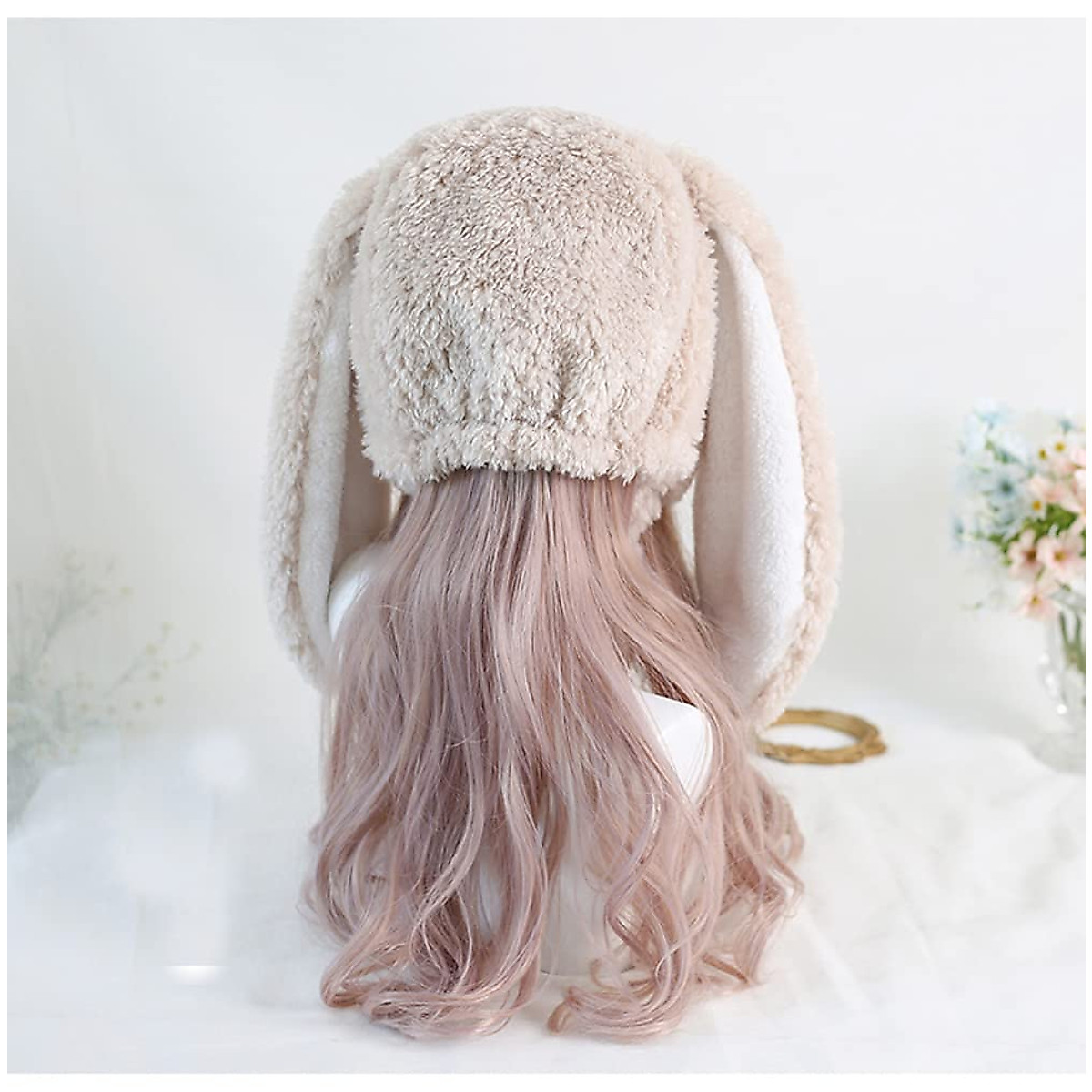Jilneed Cute Bunny Hat Women Plush Rabbit Ear Funny Lolita Sweet Kawaii Winter Fluffy Fleece Warm Hat Cap Cosplay Accessory (pink)