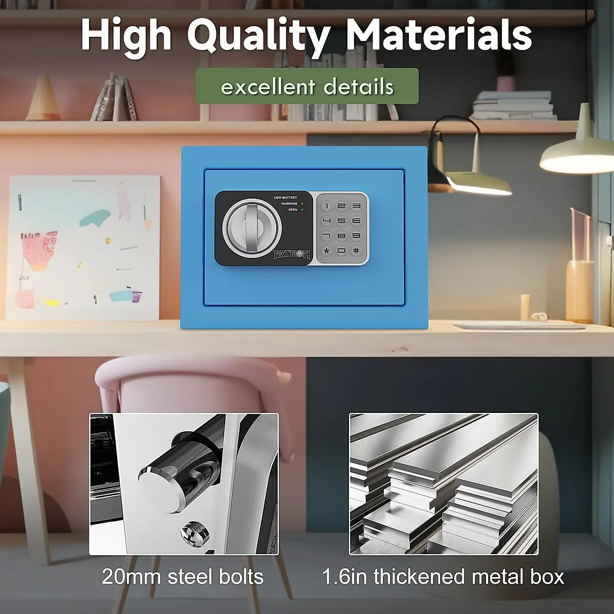 PATRON small safe box with key，mini safe for money，small coin safes for home with code，little jewelry lock box for kids，Wall or Cabinet Safe for personal items，0.236 Cubic Feet Blue