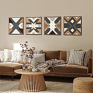 Qunclay 4 Pieces Wood Wall Art Wooden Aztec Wall Decor Boho Western Wall Decor Diamond Sign Farmhouse Home Wall Art Prints on Wood for Apartment Bedroom Living Room, 11.8 x 11.8 Inches