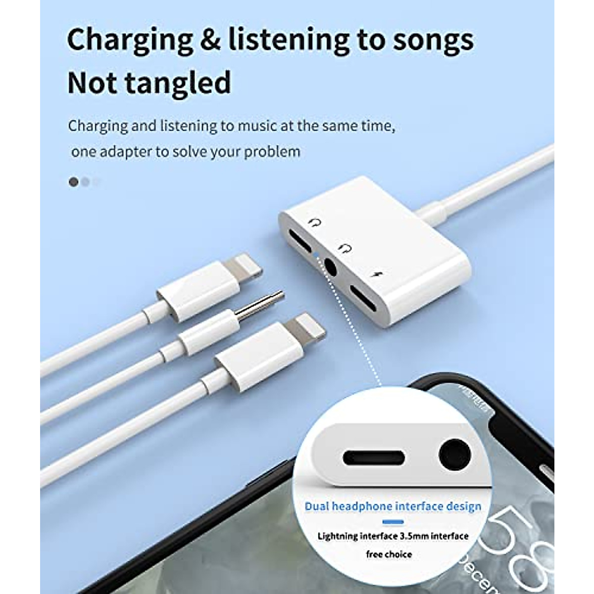 Headphone Adapter for iPhone Lightning to 3.5mm Audio Apple Splitter Dongle Jack AUX Adaptador para Dual Earphone Port 3 in 1 Phone and Charge Charger Earbud 13 12 11 Pro Max Mini Xs Se 7 X 8 Plus