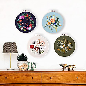 Hand Embroidery Kit for Beginners 4 Pack Embroidery Starter Kit with Pattern and Instructions,4 Plastic Embroidery Hoops,1Scissors,Color Threads and Needles,DIY Adult Cross Stitch Kits