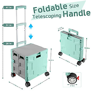 FELICON Folding Utility Cart Portable Rolling Crate Handcart with Durable Heavy Duty Plastic Telescoping Handle Collapsible Hidden Lid 4 Rotate Wheels for Travel Shop Move Office Teacher(Green&Gray)