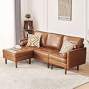 Vonanda Sofa Couch, Sectional Couch Convertible Sectional Sofa L Shaped Couch with Reversible Chaise and Bolster Pillows, Faux Leather Couch for Living Room, Apartment and Small Space, Caramel