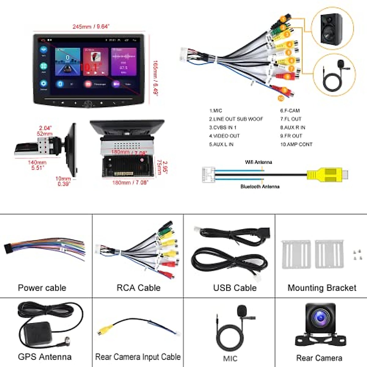 2G+32G Android 10 inch Single Din Car Stereo with Wireless Apple Carplay, Adjustable Touch Screen Bluetooth Car Radio Audio with GPS Navigation Android Auto WiFi USB FM HiFi + Backup Camera