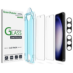 amFilm Auto-Alignment OneTouch for Samsung Galaxy S23 6.1" Screen Protector + Camera Lens Protector, Tempered Glass, 30 Seconds Installation, Bubble Free, Case Friendly, Anti-Scratch [2+2 Pack]