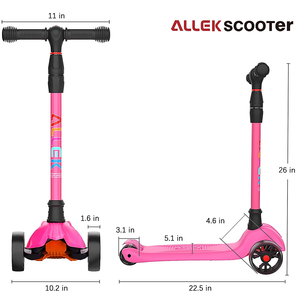 Allek Kick Scooter B02, Lean 'N Glide Scooter with Extra Wide PU Light-Up Wheels and 4 Adjustable Heights for Children from 3-12yrs (Rose Pink)