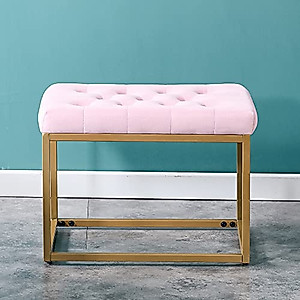 AWQM Vanity Stool,Pink Velvet Ottoman Bench,Vanity Bench with Gold Legs,Upholstered Rectangle Velvet Foot Stool Chair,Comfy Vanity Chair, End of Bed Bedroom,Makeup Chair for Living Room Entryway