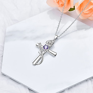 TOUPOP Cross Necklace 925 Sterling Silver February Birth Flower Necklace Religious Pendant with Birthstone Faith Christian Jewelry Birthday Gifts for Women Mom Wife Grandma
