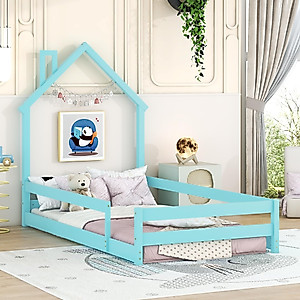 Floor Bed with Rails, Twin Size Montessori Bed with House Shape Headboard and Fence, Wood Floor Bed Frame for Kids Boys Girls, Box Spring Needed, Blue
