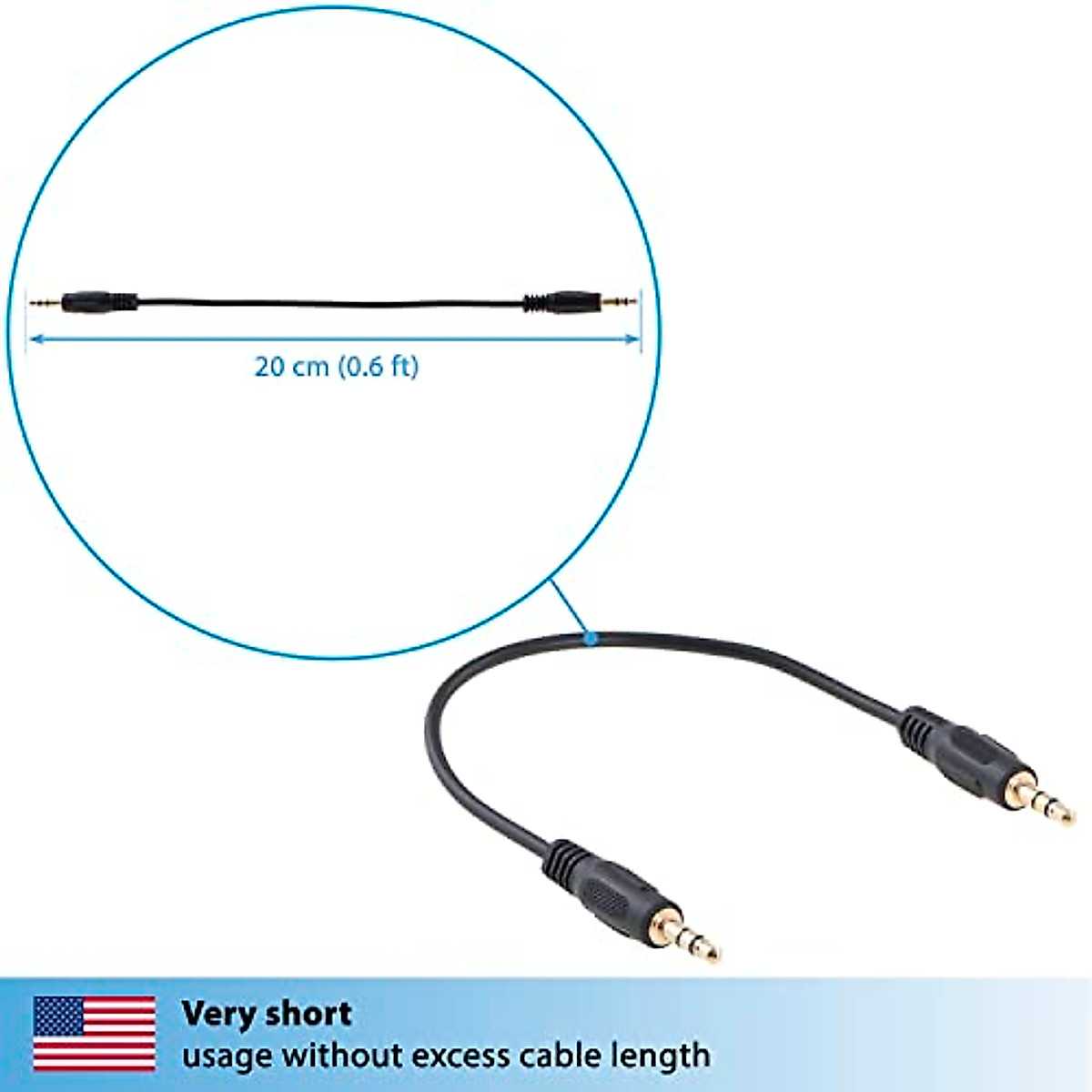 valonic Short Audio Cable - 0.6ft - 3,5mm - AUX Cord for car, TV or Phone - Male to Male - Black