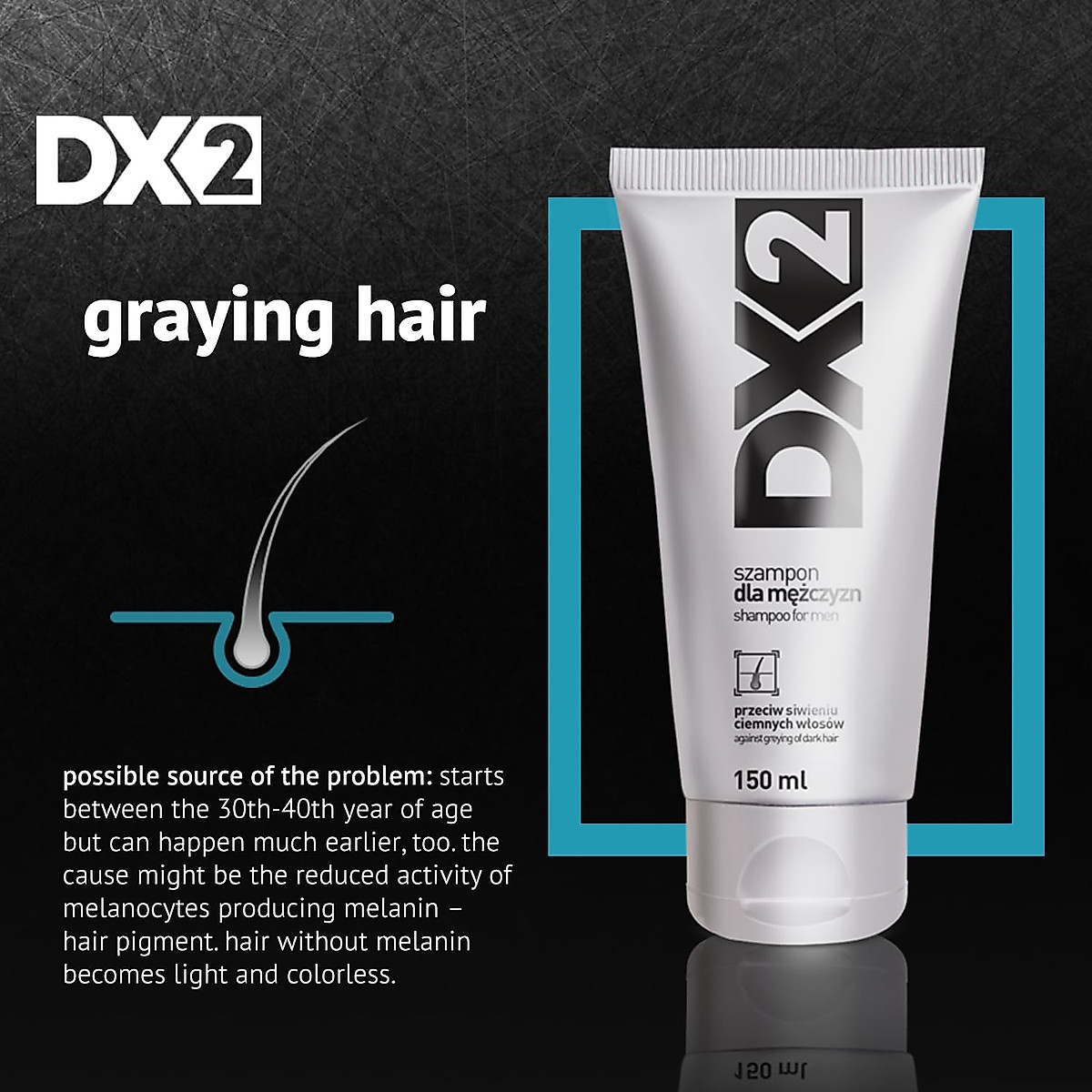 DX2 - Prevent Grey Hair Shampoo for Men - Gradual Dark Color Restoration, Daily Care to Protect Follicle Pigmentation - 150ml