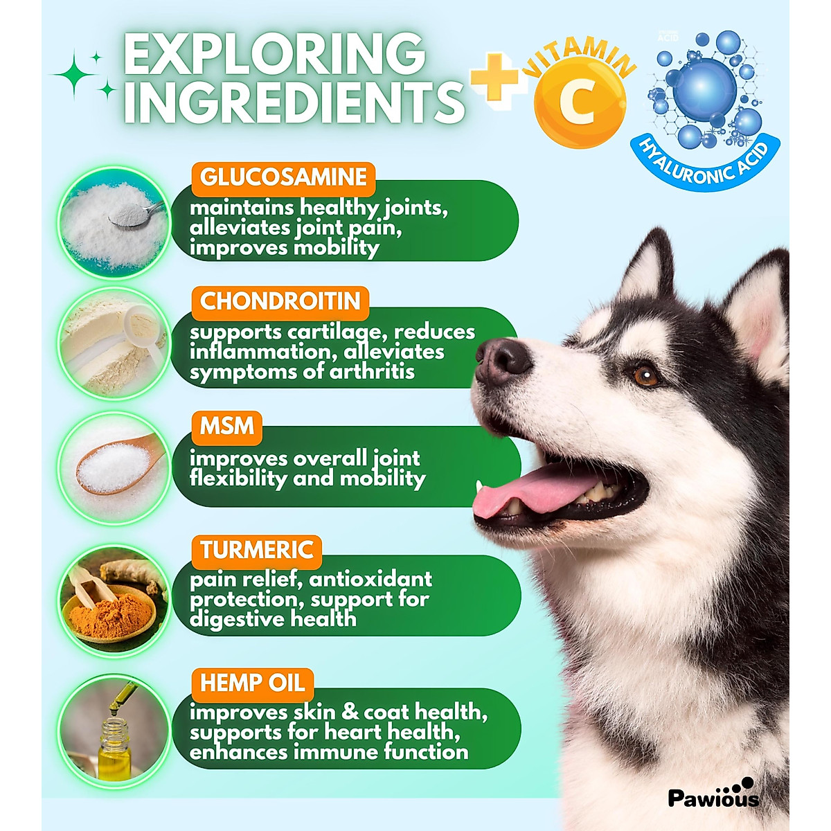 Pawious Hip and Joint Chews for Dogs - Glucosamine for Dogs - Dog Joint Pain Relief - Chondroitin, MSM, Turmeric, Hemp Oil Treats - Advanced Support Dog Joint Supplement Health - Mobility Bites