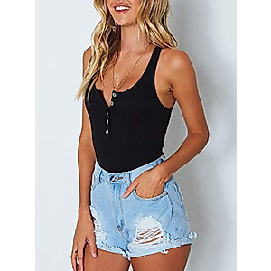 REORIA Women's Sexy Scoop Neck Racerback Tank Top Button Down Stretchy Leotard Bodysuits Black Large