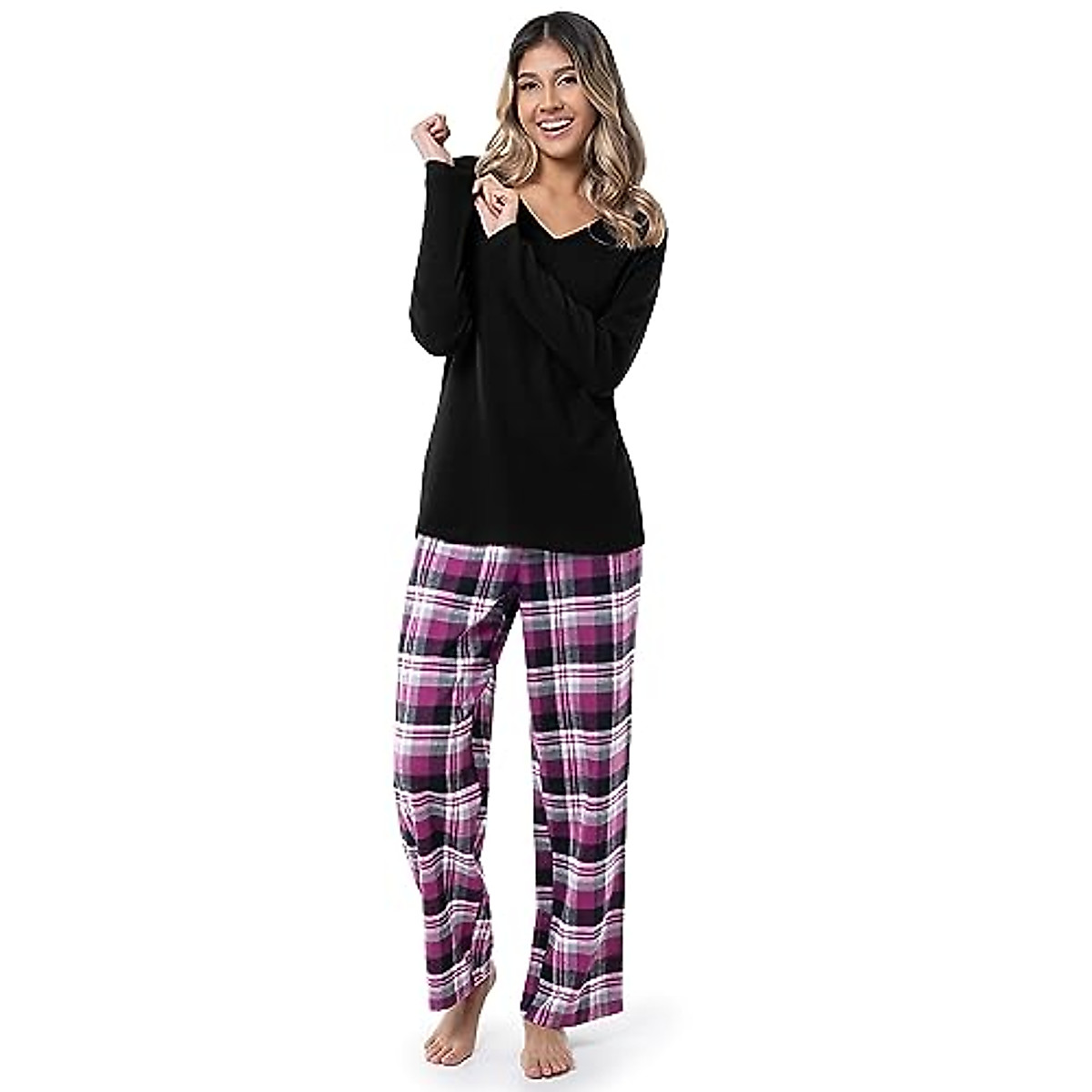 Fruit of the Loom Women's Waffle V-Neck Top and Flannel Pant Sleep Set, Black/Berry Plaid, Medium