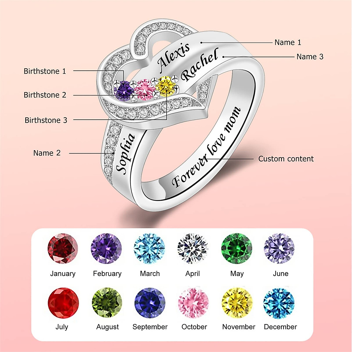 MissNaNa Lady's Gift Custom Mother Birthstone Rings with 1-8 Names Personalized Family Ring Engraved Heart Rings for Women Grandma Wife (3 Stones)