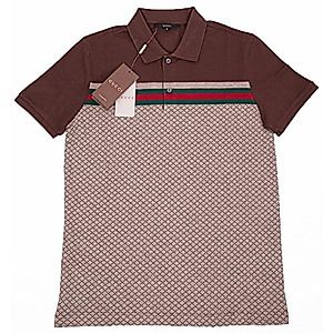 Gucci Mens Polo Shirt Brown with Diamante Print and Front Stripe Signature (XL)