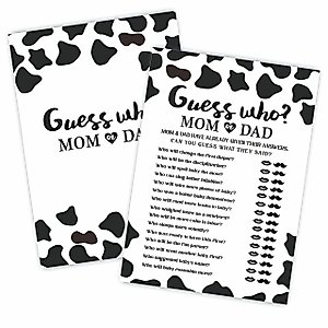 TPYEN 30 Cow Prints Guess Who? Mom Or Dad Baby Shower Game, 5 X 7 Inches Double Sided Fill-in Game Cards for Boys Or Girls, Gender Neutral Party Favor & Supplies-(C03)
