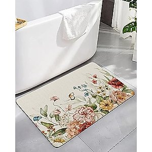 Retro Flowers Bath Mat for Tub,Non Slip Bathroom Floor Runner Rug Quick Dry & Absorbent Diatomaceous Earth Kitchen Shower Sink Washable Doormat,Rustic Fall Winter Rose Florals Spring Plant 20"x32"
