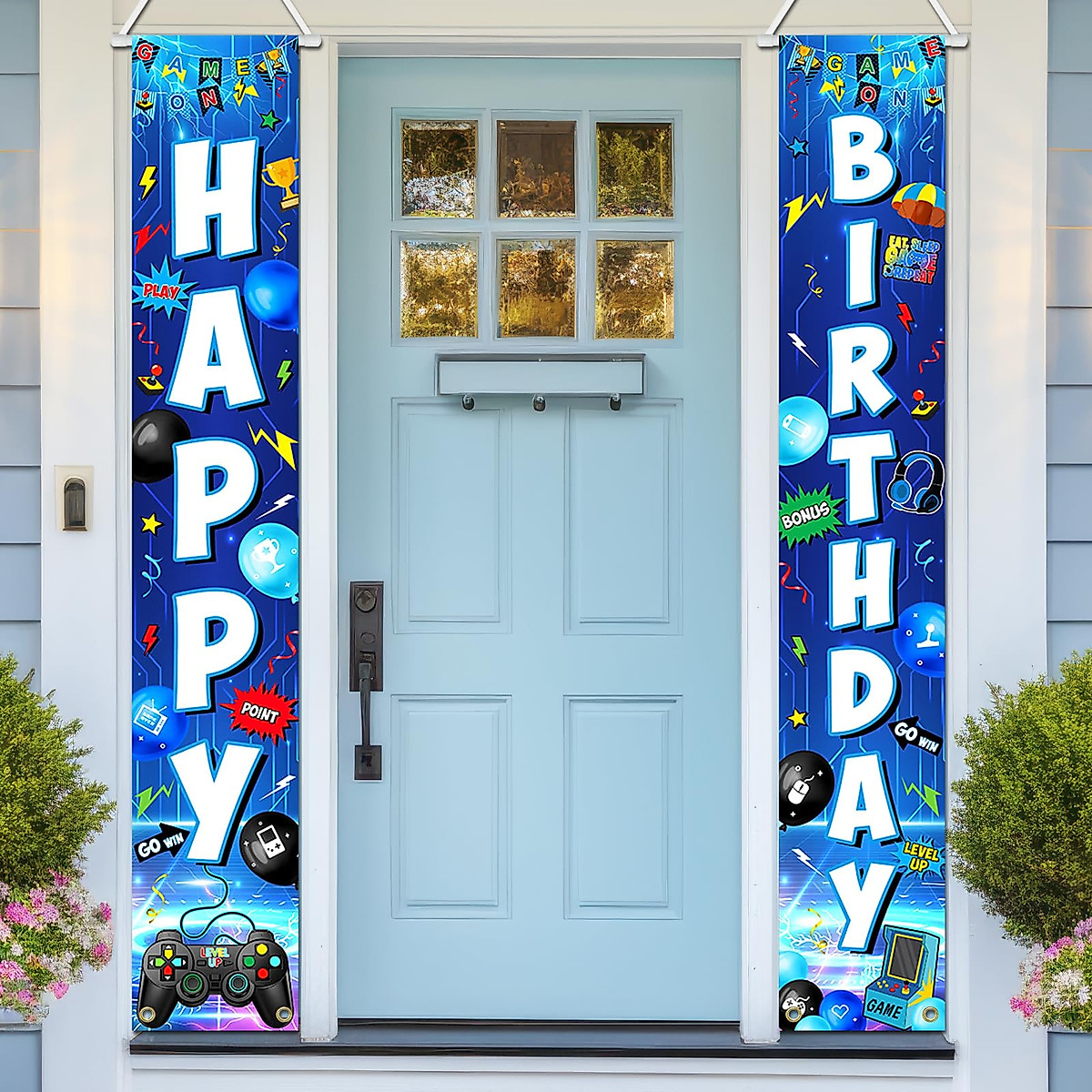 Avezano Video Game Happy Birthday Banner Gaming birthday Porch Signs Blue Game on Hanging Door Banner for Boys Game Birthday Party Decoration Supplies