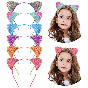 FRCOLOR Cat Ears Headband, Glitter Sequin Ear Headbands Metal Hair Hoops for Daily Party, 12Pack