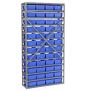 Global Industrial 13 Shelf Steel Shelving with (48) 4" H Plastic Shelf Bins, Blue, 36x12x72