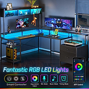 Rolanstar Computer Desk with File Drawers, 99.2" L Shaped Gaming Desk with Hutch, Reversible Desk with Power Outlet, LED Strip & Monitor Stand, 2 Person Home Office Desk, Black