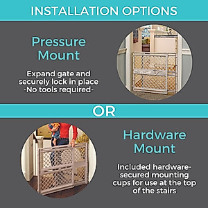 Toddleroo by North States Supergate Ergo Child Gate, Baby Gate for Stairs and Doorways. Includes Wall Cups. Pressure or Hardware Mount. Made in USA. (26" Tall, Sand)
